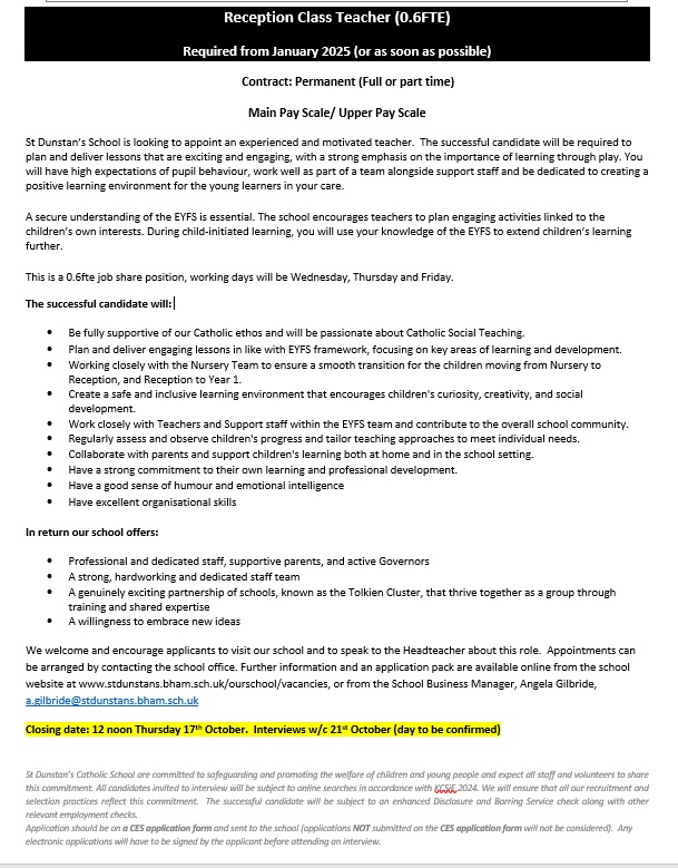 St. Dunstan’s Catholic Primary School - Vacancies